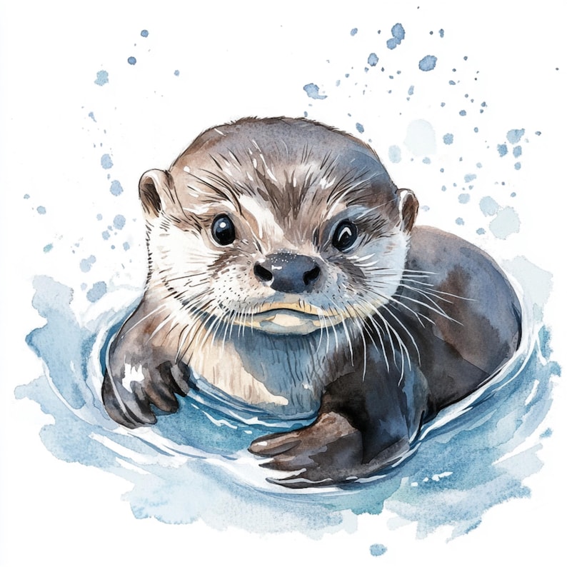 10 Printable Little Otter, Watercolor Swimming Otter, Cute Wild Animal ...