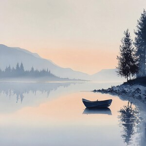 10 Printable Lake Landscape and Boat, Minimalist Landscape, Foggy Lake ...