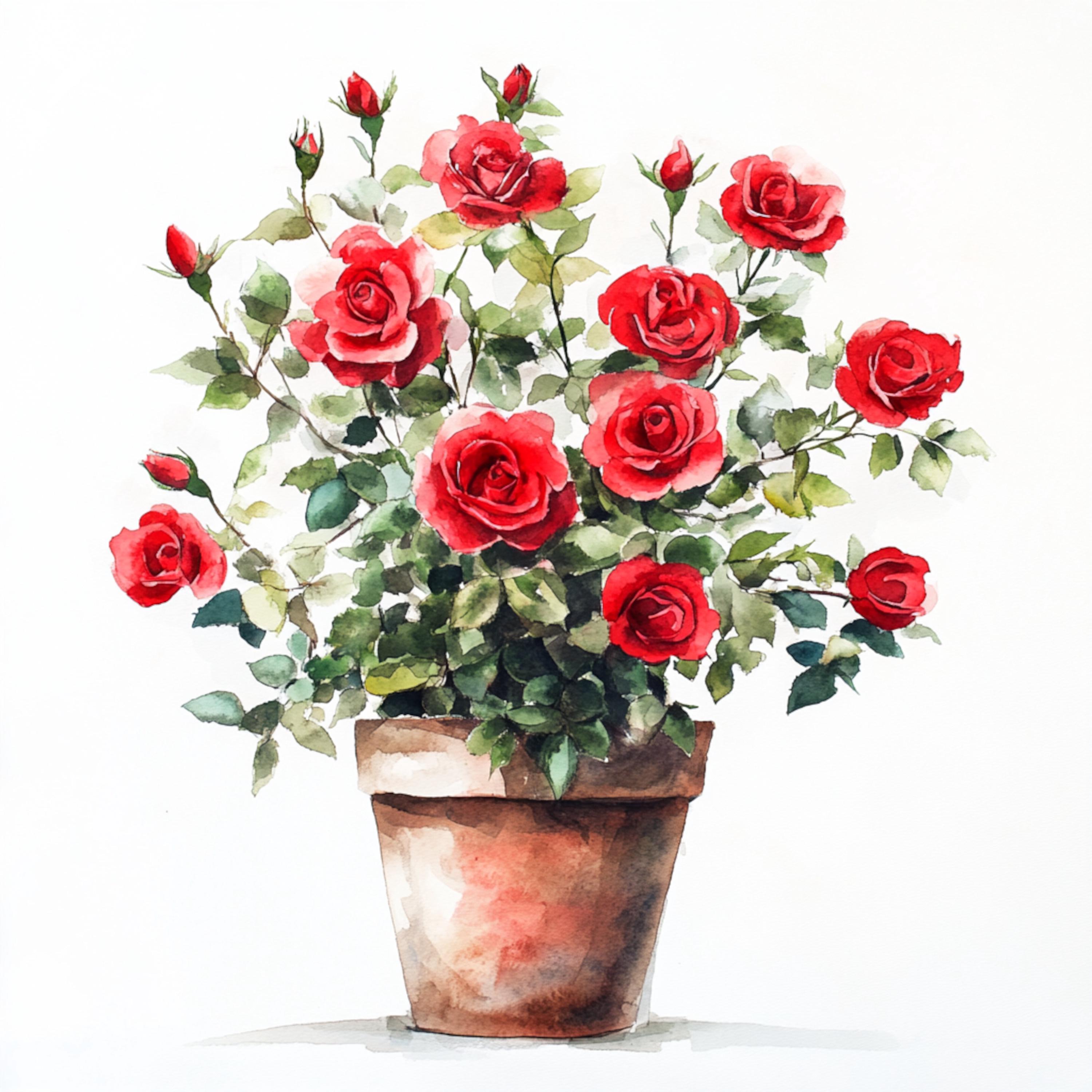 10 Printable Red Rose Arts, Watercolor Rose in Pot, Roses Bush ...
