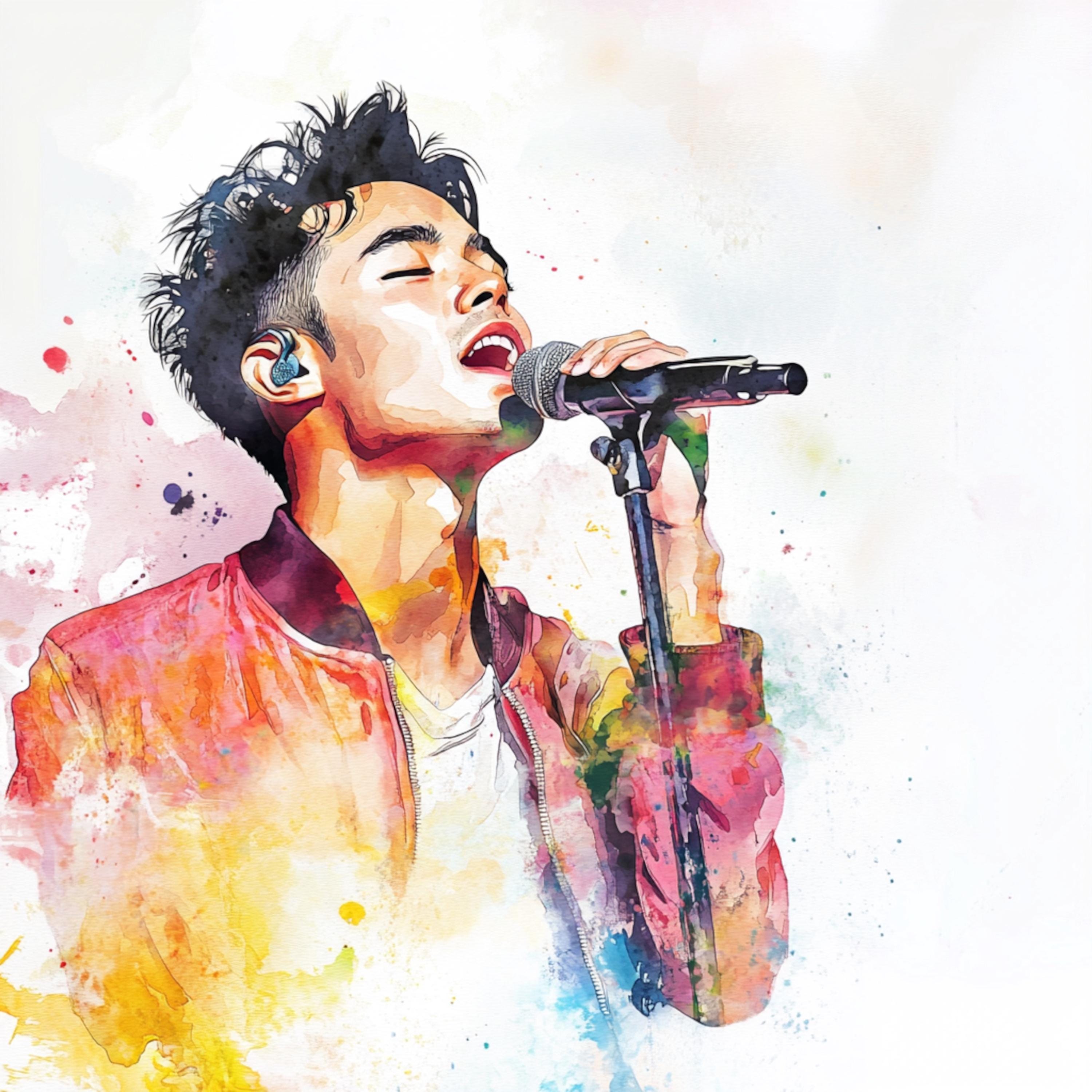 Watercolor Singing Asian Man Young Singer Asian Boy Art Watercolor