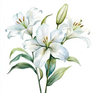 10 Printable White Lily Flowers, Watercolor Lily, Botanical Lily Art ...