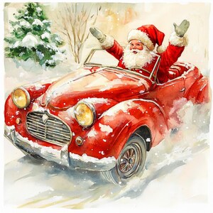 Santa in Red Car, Watercolor Santa Driver Clipart, Christmas Clipart ...