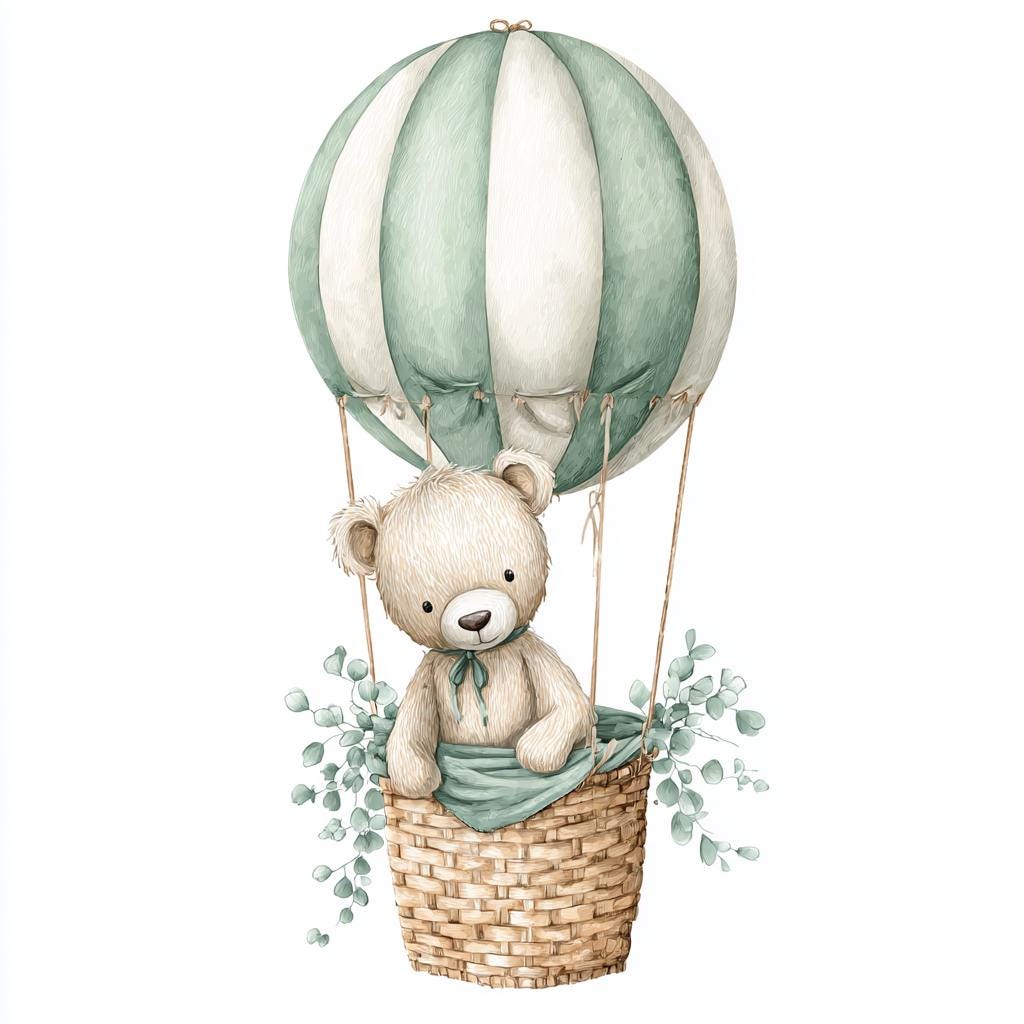 10 Printable Green Teddy Bear Clipart, Watercolor Air Balloon Basket ...