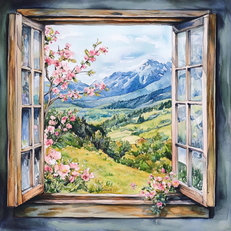 Printable Spring Mountain Window, Easter Decor, Watercolor Art, Floral ...