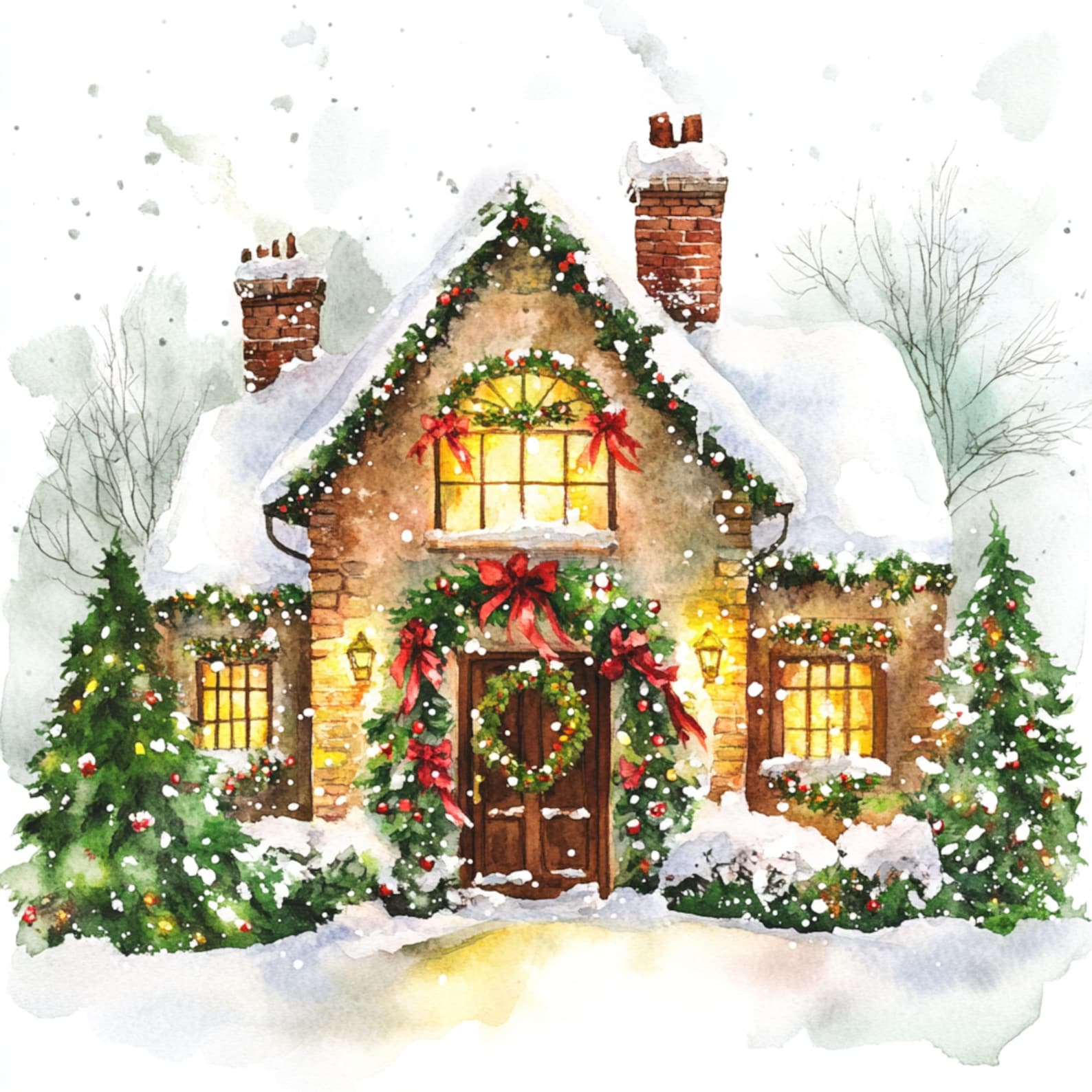 Christmas House Print, Christmas Card Art, House, Printable Watercolor ...