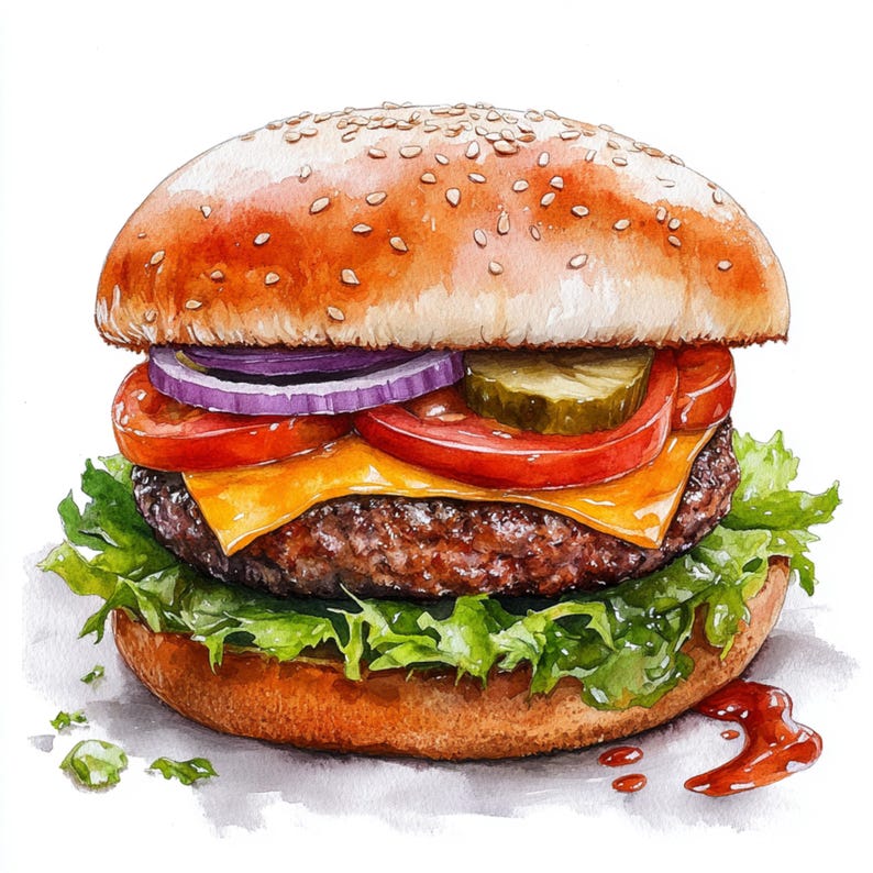 10 Printable Cheeseburger Art, Watercolor Cheeseburger Decor, Tasty ...
