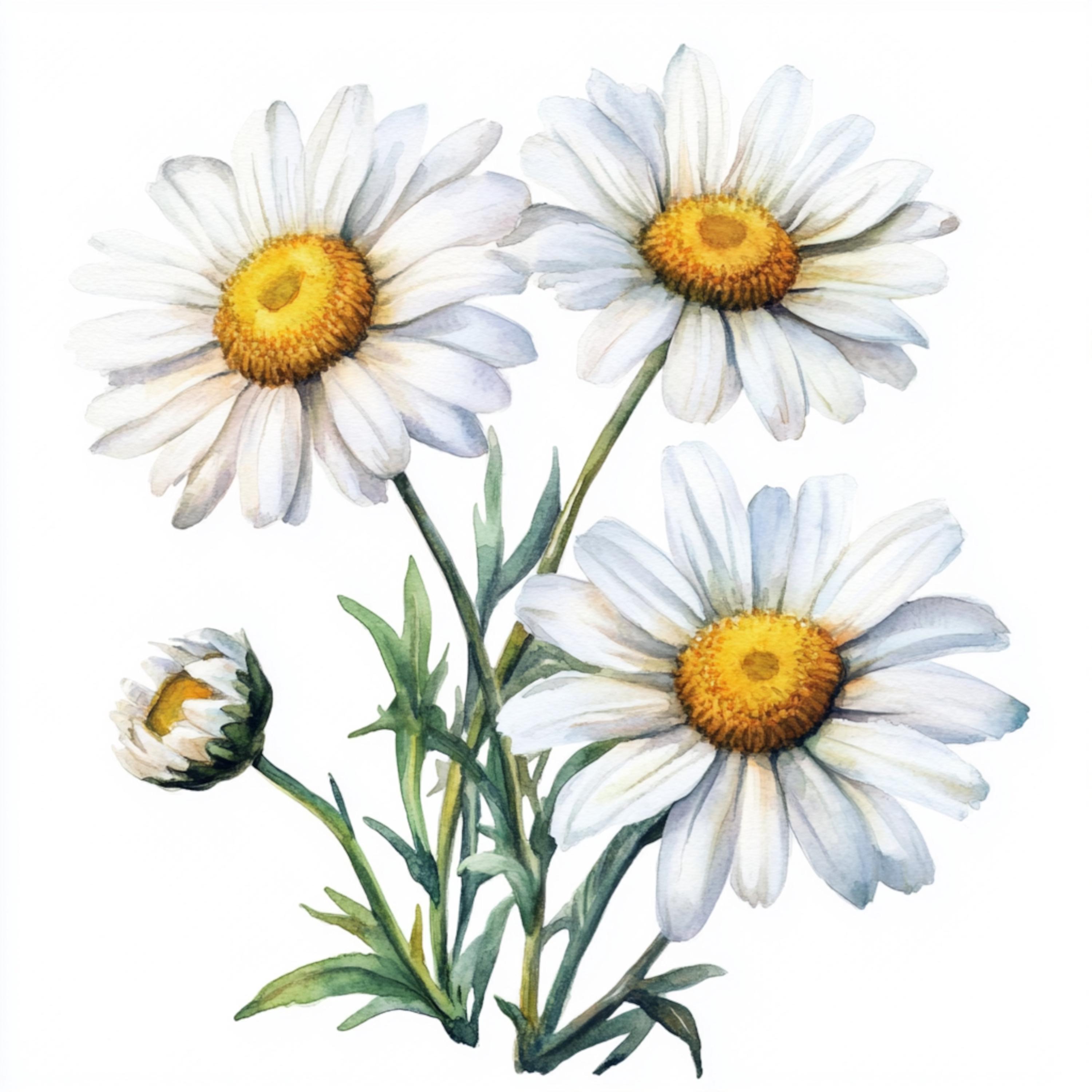 10 Printable White Daisies Flowers, Watercolor Daisy, Botanical Daisies ...