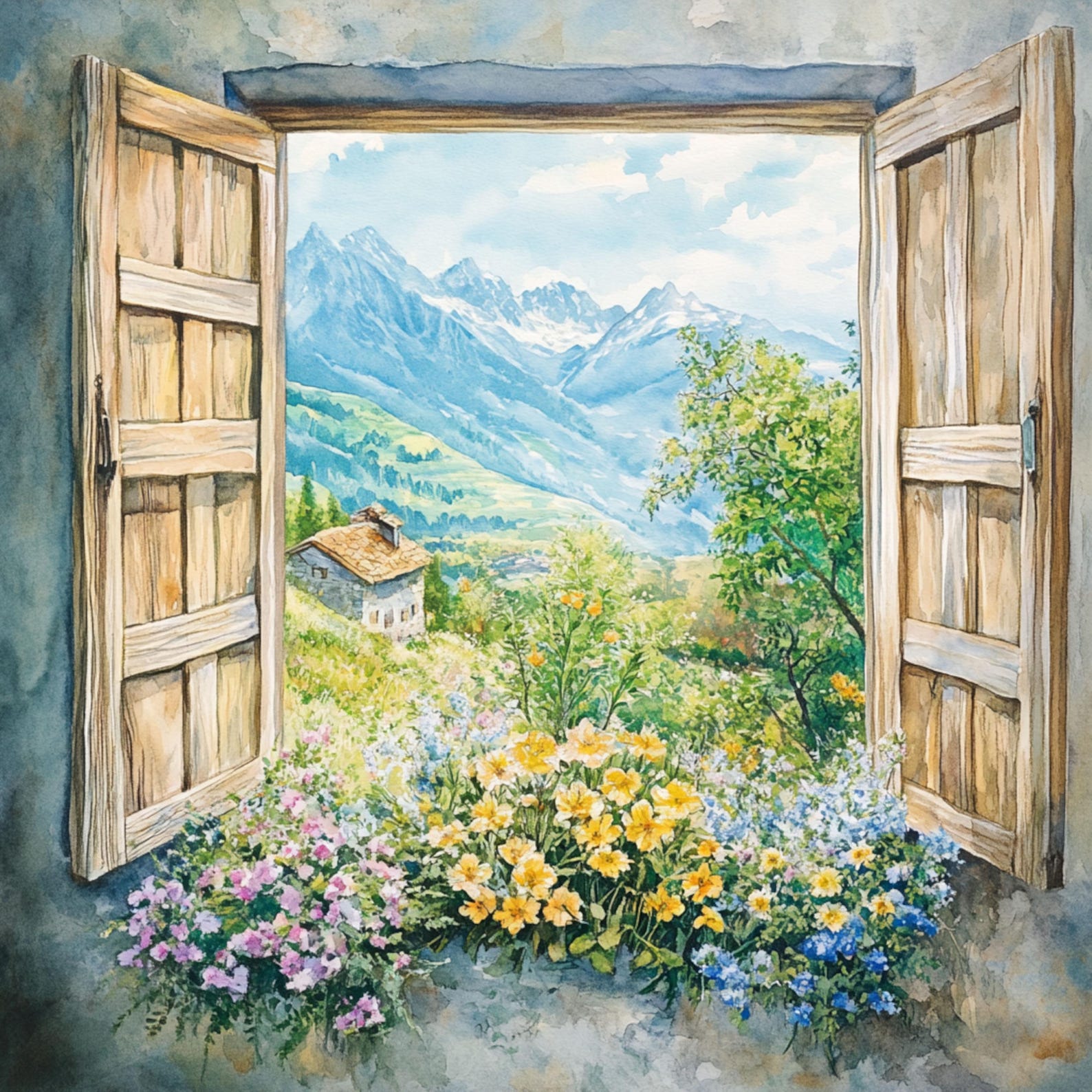 Printable Spring Mountain Window, Easter Decor, Watercolor Art, Floral ...