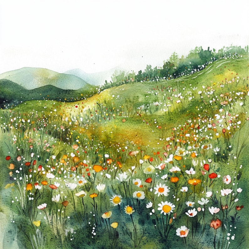 10 Printable Meadow Landscape Art, Watercolor Art, Wildflower Landscape ...