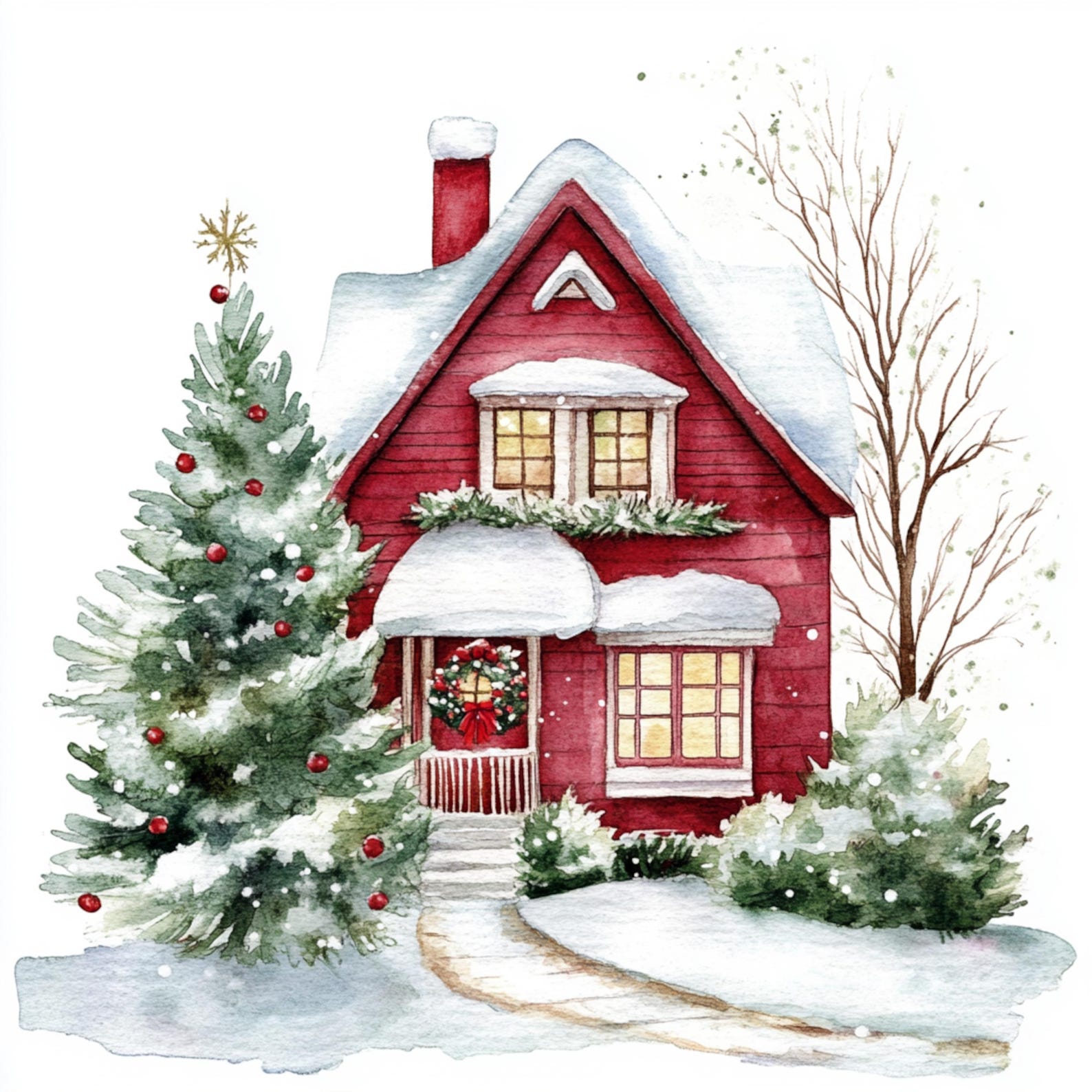 10 Printable Christmas House, Christmas Card Art, House, Watercolor ...