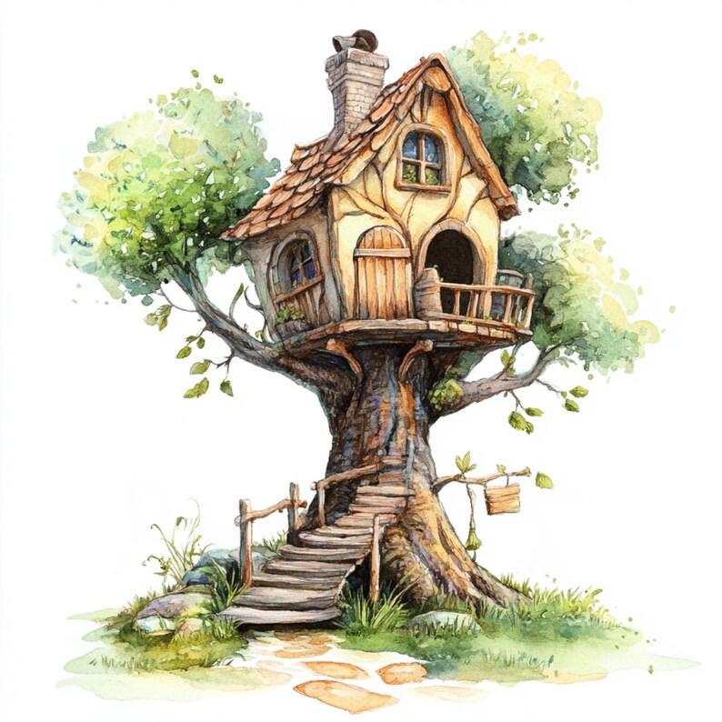 10 Printable Tree House, Fairy Tree House, Printable Watercolor Clipart ...