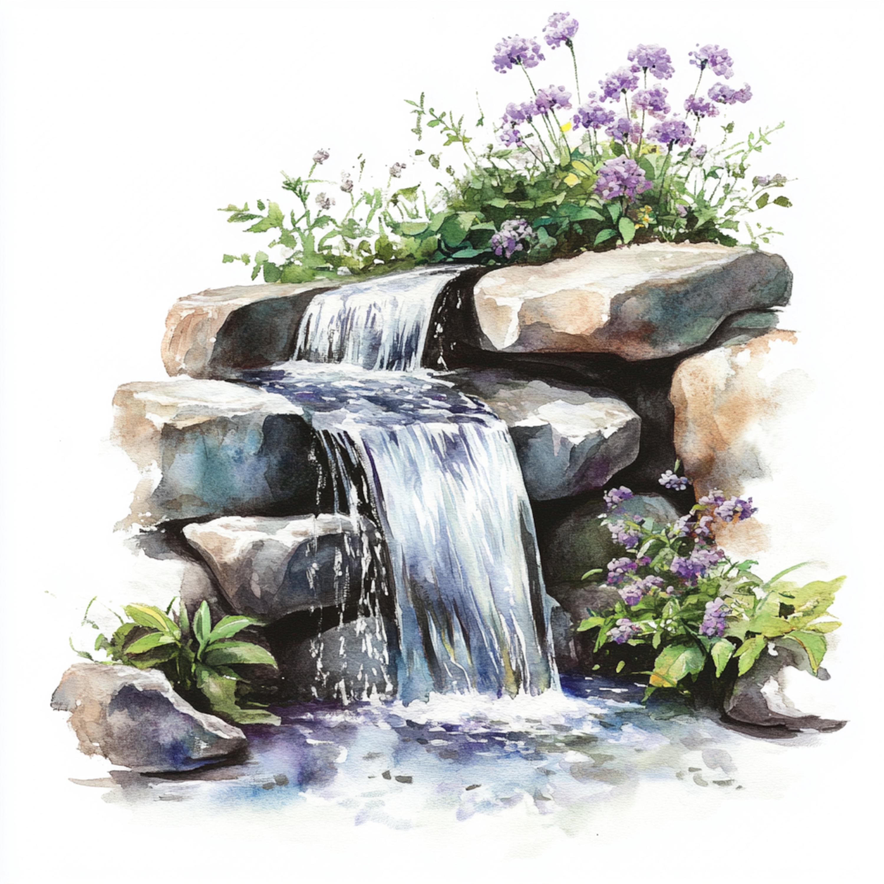 10 Printable Waterfall, Watercolor Waterfall, Garden Waterfall, Rustic ...