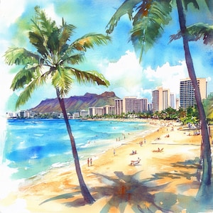 10 Printable Hawaiian Landscape, Hawaii Beach Watercolor Art, Honolulu ...