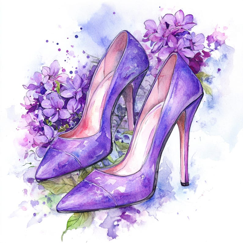 Printable Prom Lilac Shoes, Purple Prom Shoes, Watercolor Art, Floral ...