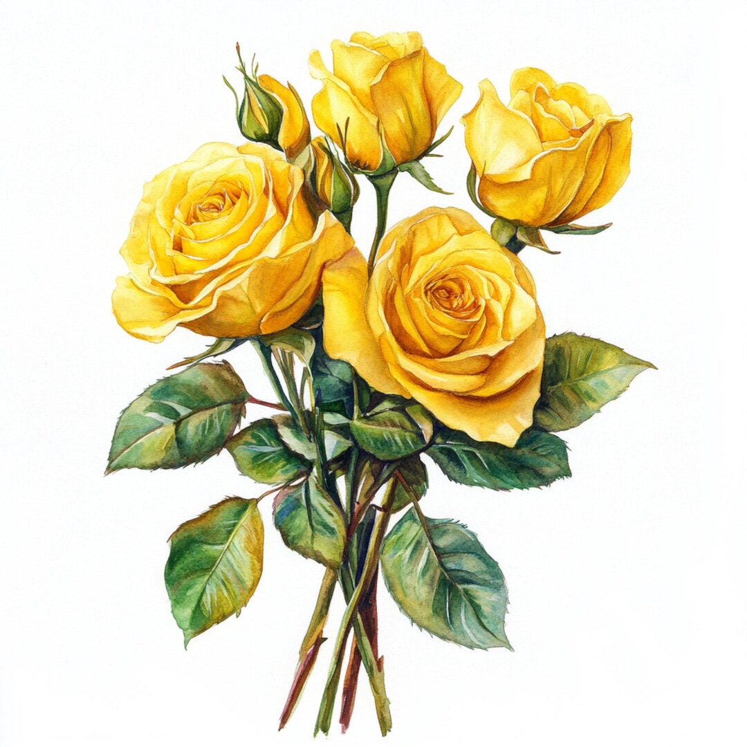 10 Printable Yellow Rose Arts, Watercolor Rose Bouquet, Rosebut ...