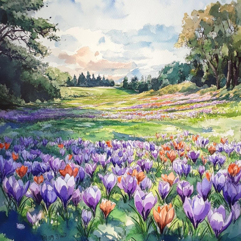 Printable Crocus Meadow Landscape, Watercolor Crocus Field, Wildflower ...