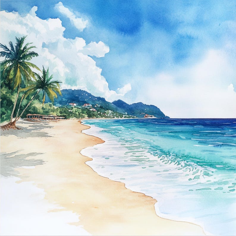 10 Printable Beach, Sandy Beach Landscape Art, Paradise Art, Tropical ...