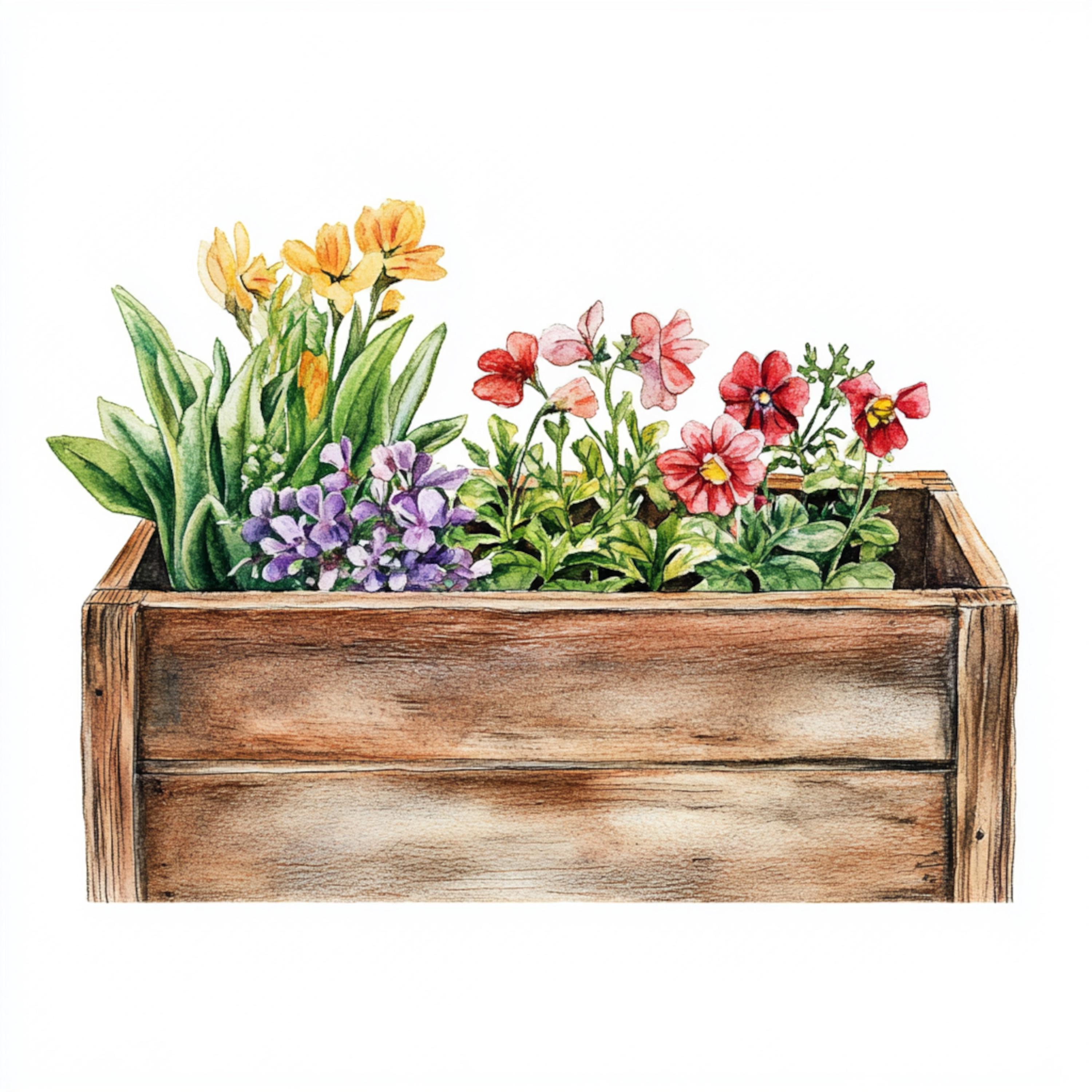 Printable Flowers in Wooden Box Art, Garden Wooden Box Watercolor Images, Herbs in Box Art, Clip ...