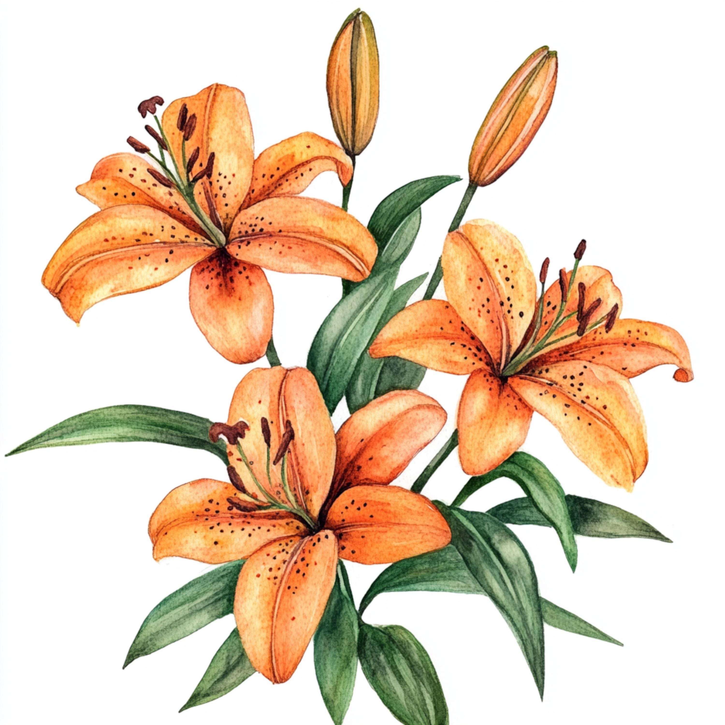 10 Printable Tiger Lily Flowers, Watercolor Lily, Botanical Lily Art ...