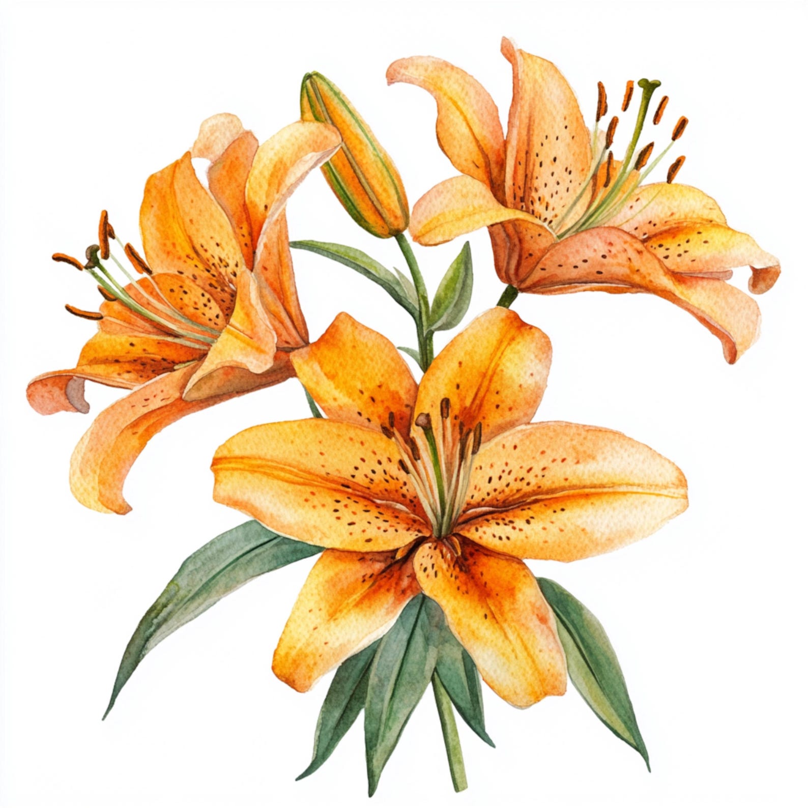 10 Printable Tiger Lily Flowers, Watercolor Lily, Botanical Lily Art ...