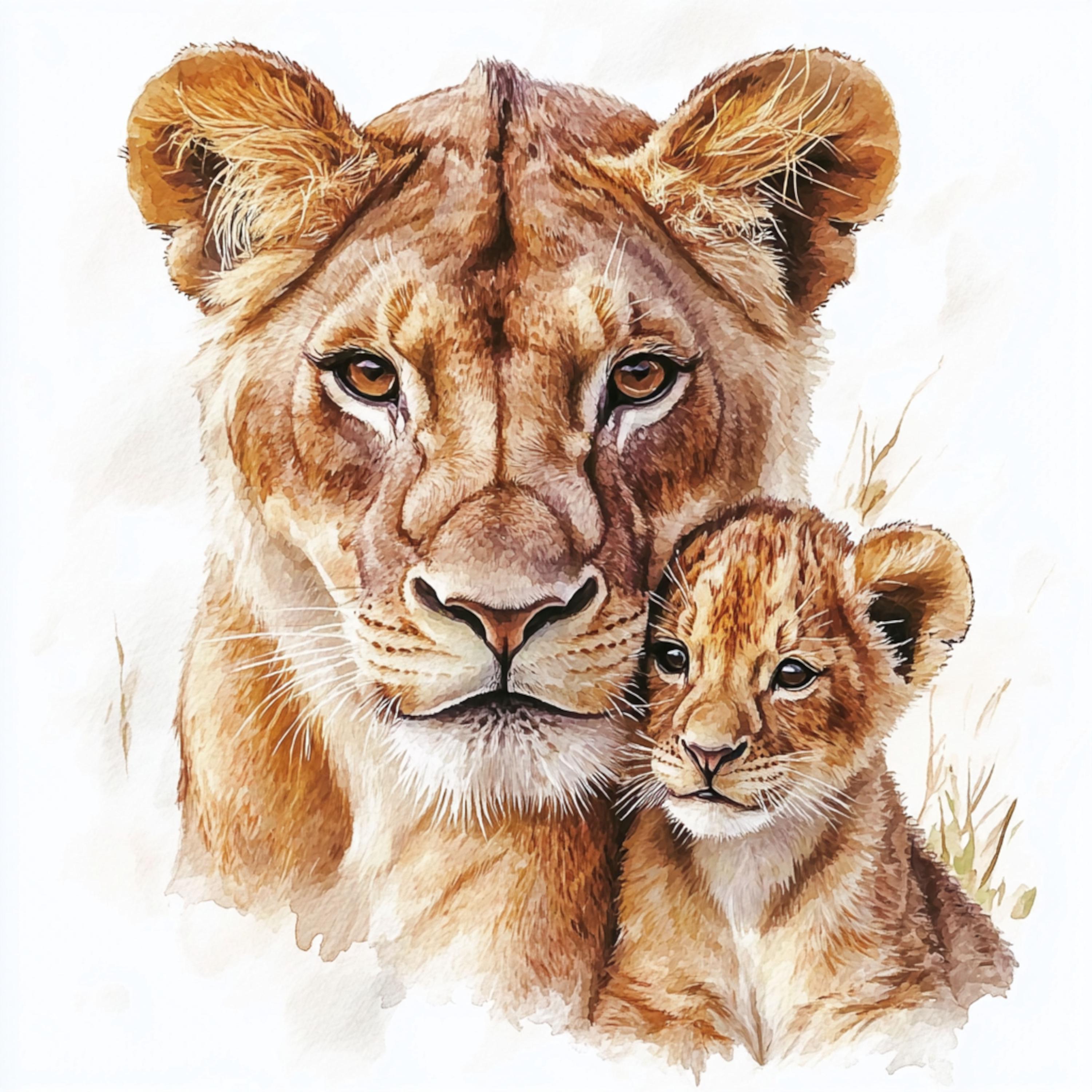 Printable Lioness and Baby Clipart, Watercolor Art, Lions Watercolor ...