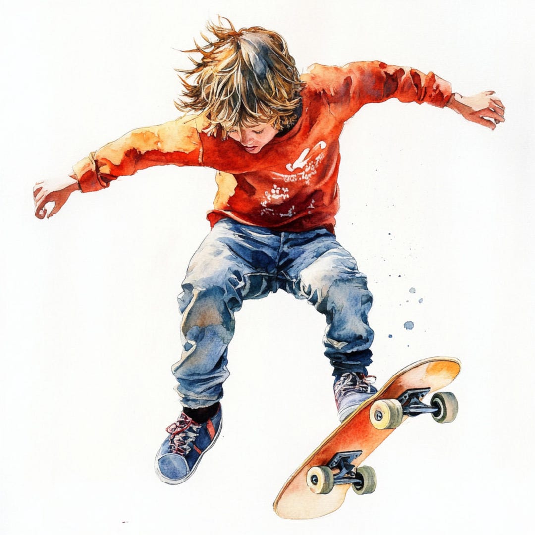 10 Printable Skateboard Boy, Watercolor Boy on Skateboard, Paper Design ...