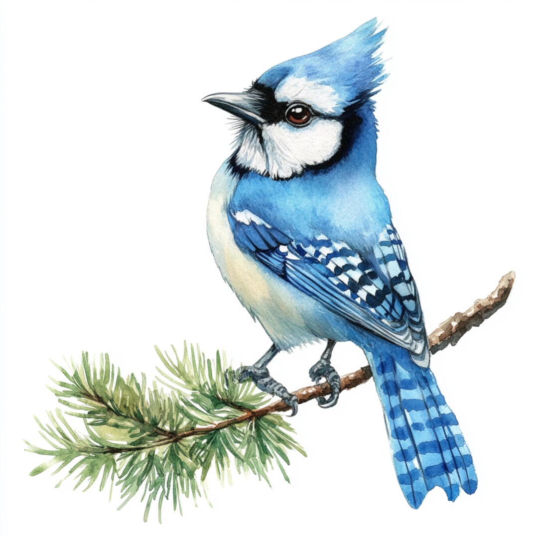 10 Printable Blue Jay Bird , Watercolor Blue Jay, Bird on Green Tree ...