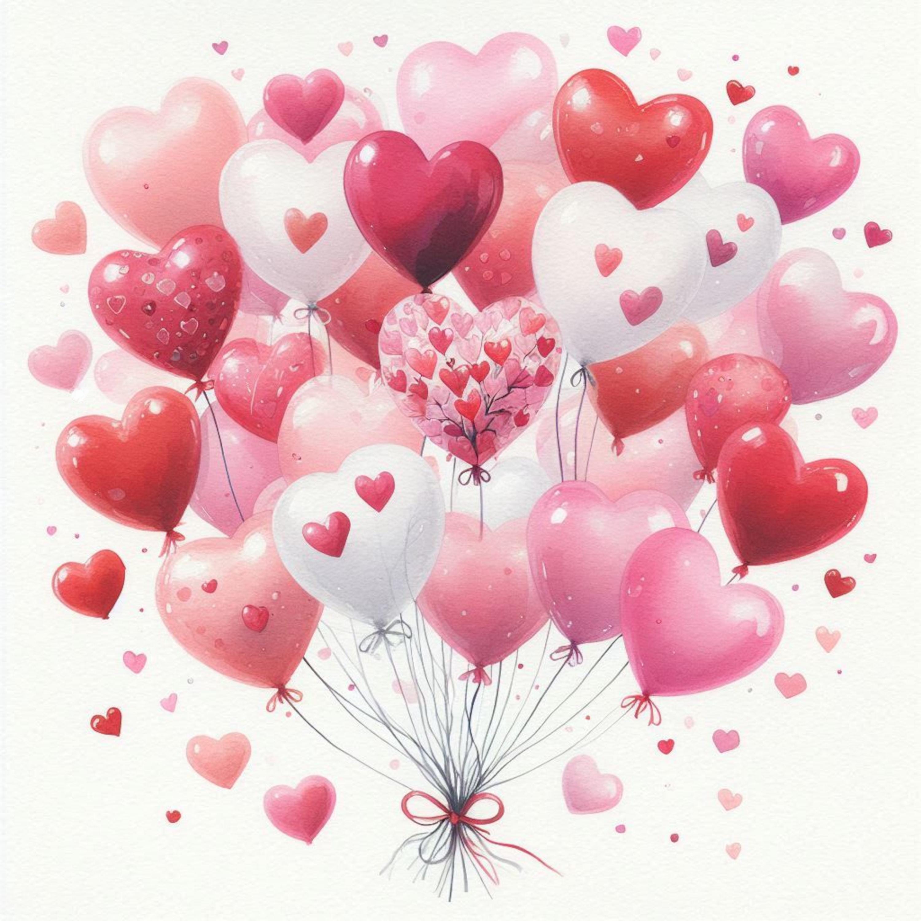 10 Printable Pink Heart Balloons, Watercolor Valentines Day Party ...