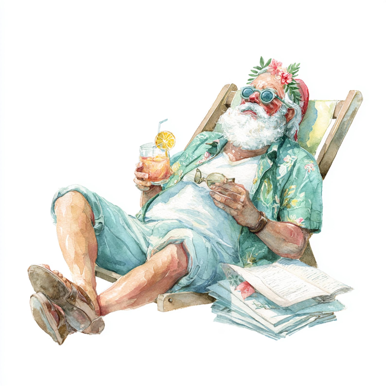 12 Printable Beachy Christmas, Watercolor Tropical Santa Claus, Coastal ...