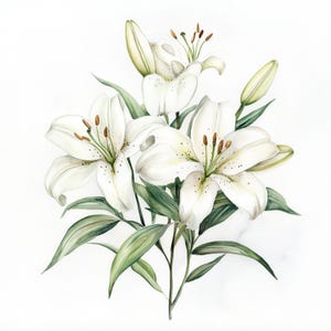 10 Printable White Lily Flowers, Watercolor Lily, Botanical Lily Art ...