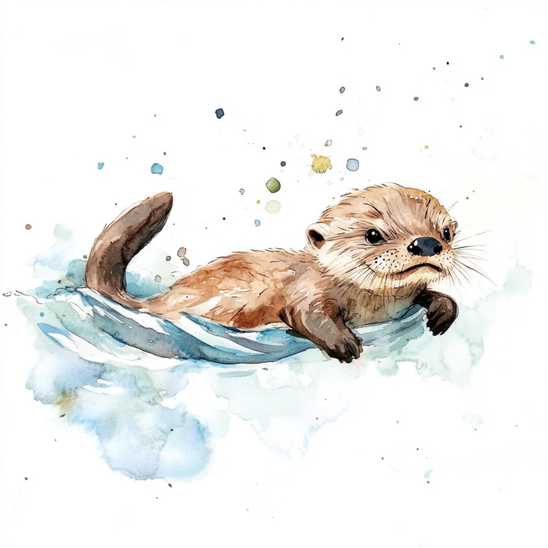 10 Printable Little Otter, Watercolor Swimming Otter, Cute Wild Animal ...