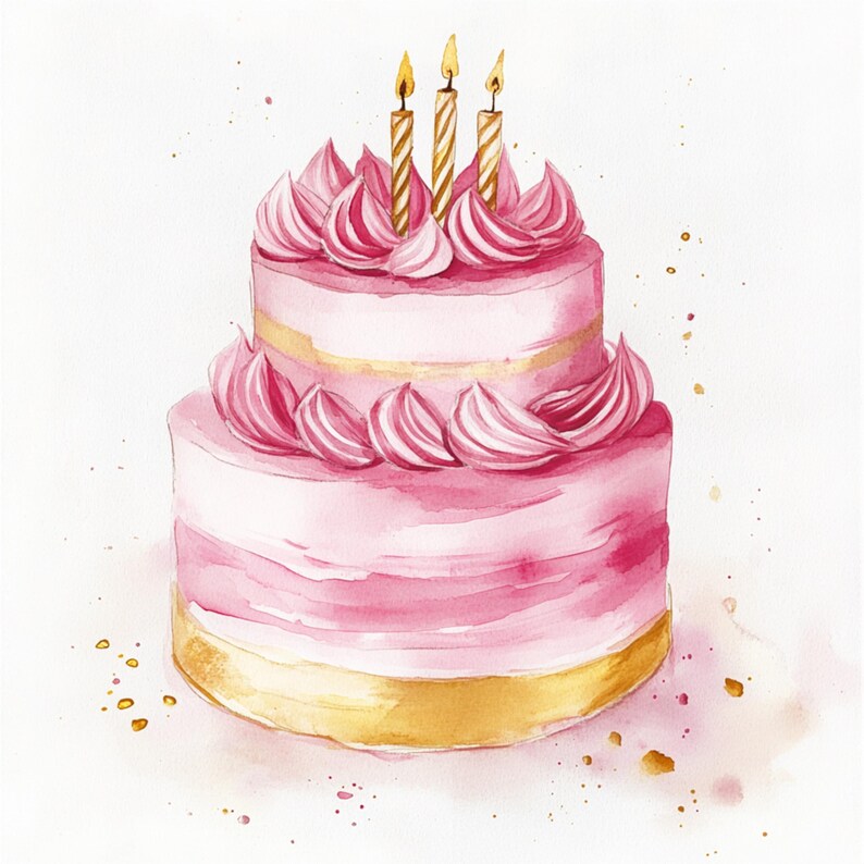 Printable Pink Cake, Watercolor Pink Gold Cake, Food Art Decor, 10clip ...