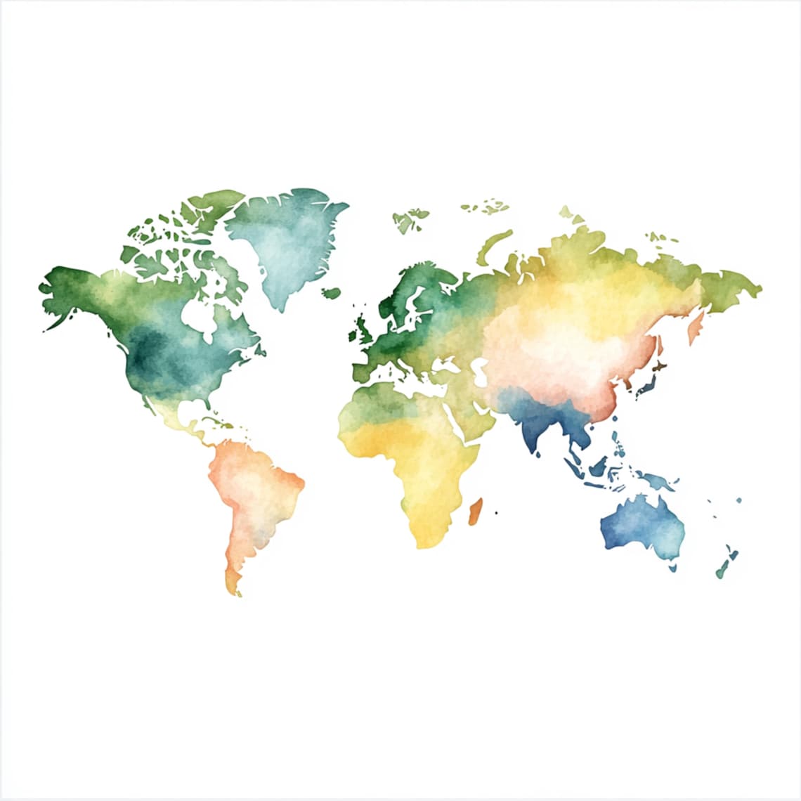 World Map Watercolor Art, World Map Clipart, 10 Clip Art, Printable JPG ...