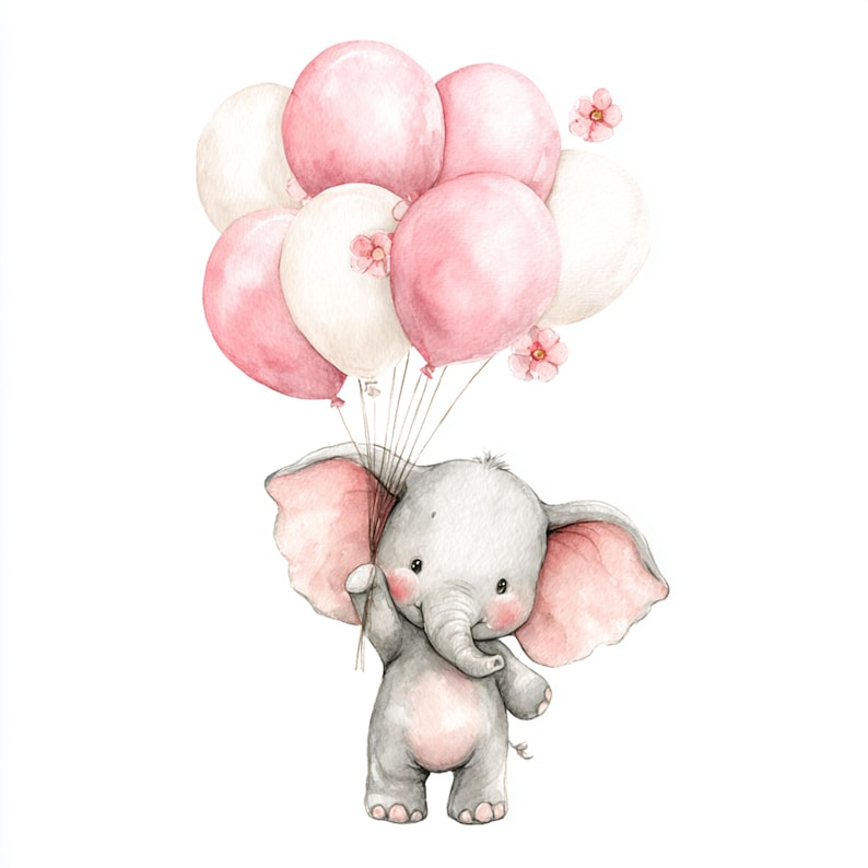9 Printable Pink Baby Elephant Clipart, Watercolor Air Balloon Print ...