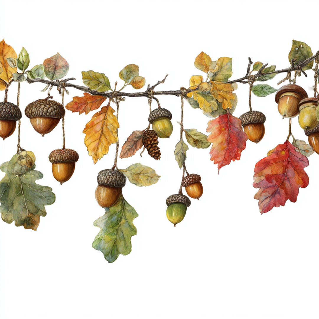 10 Printable Fall Leaves Garland, Watercolor Autumn Leaves, Botanical ...