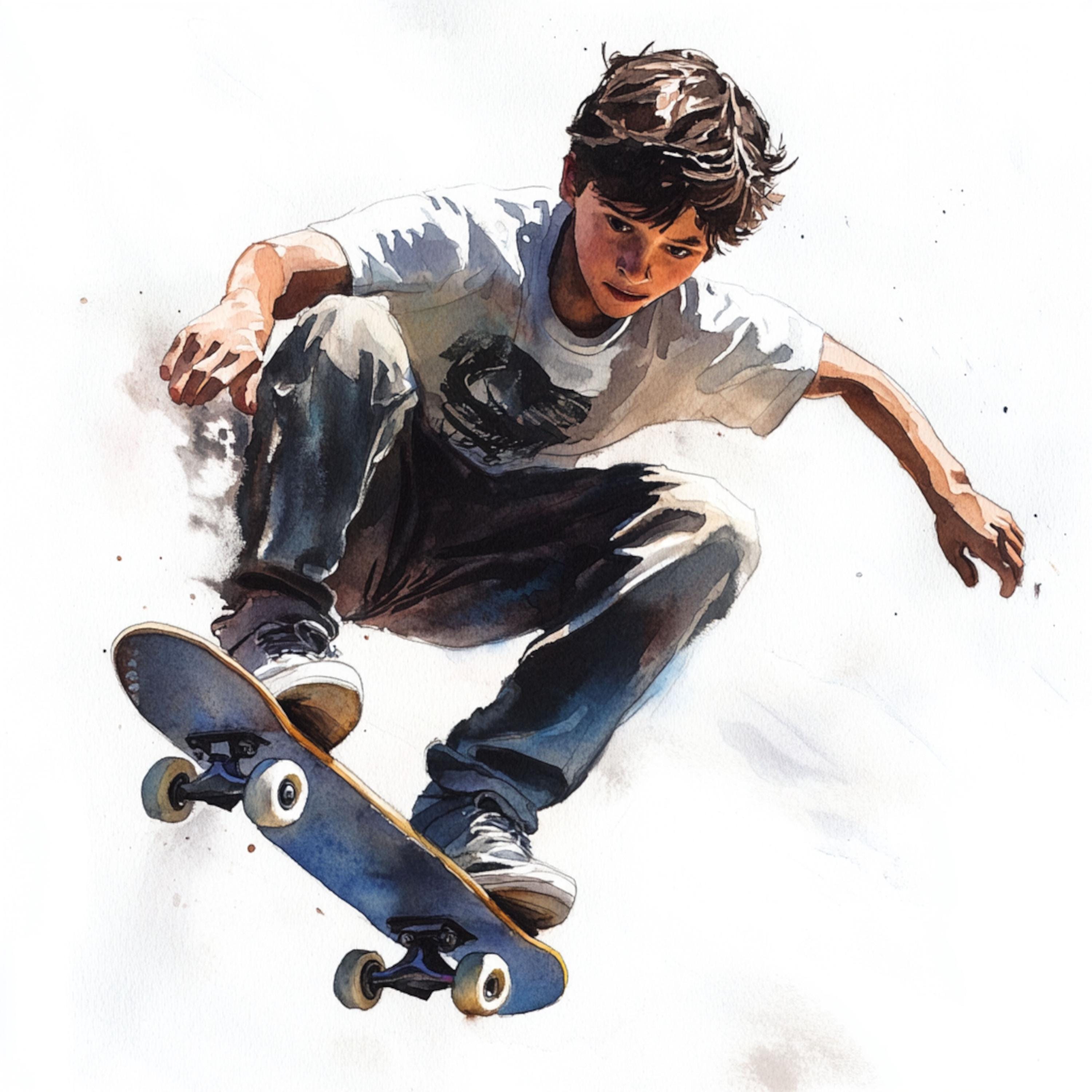 10 Printable Skateboard Boy, Watercolor Boy on Skateboard, Paper Design ...