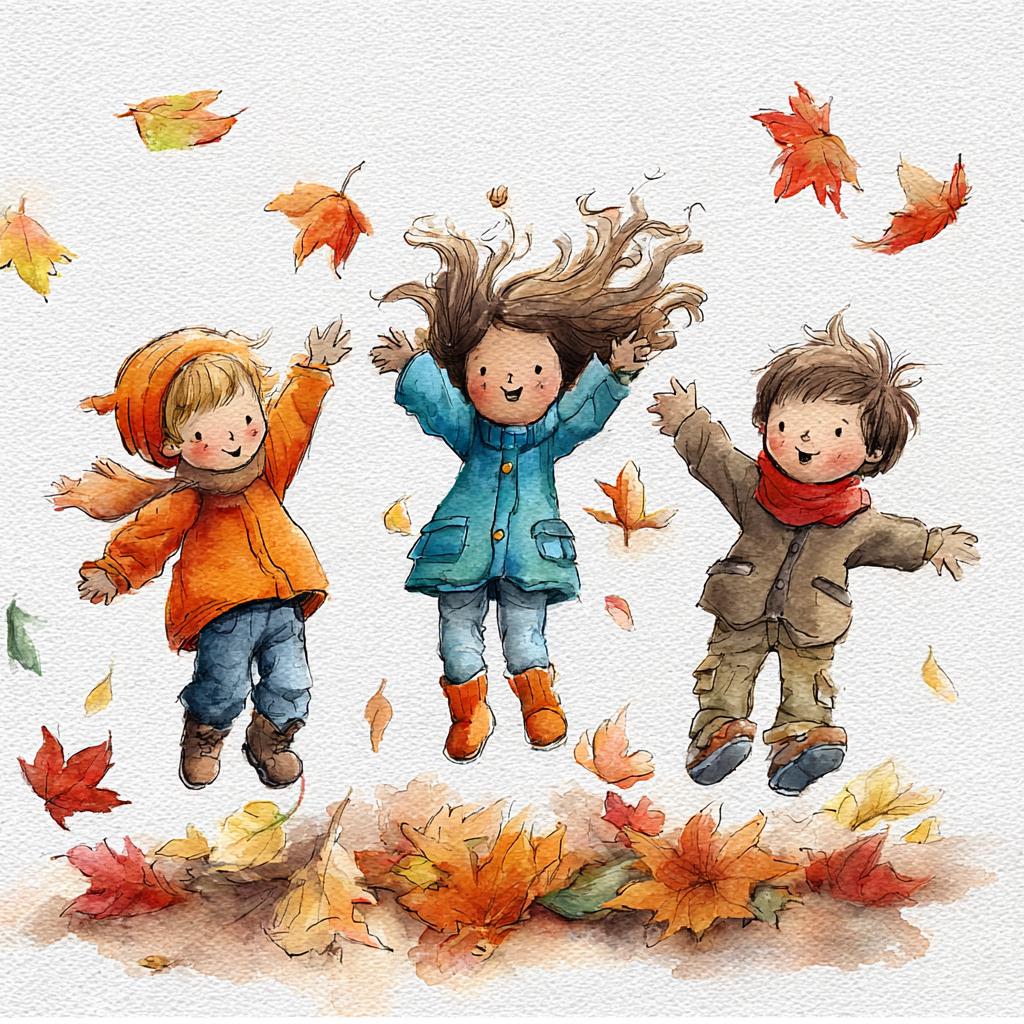 11 Printable Kids in Autumn, Watercolor Autumn Leaves Fun, Watercolor ...