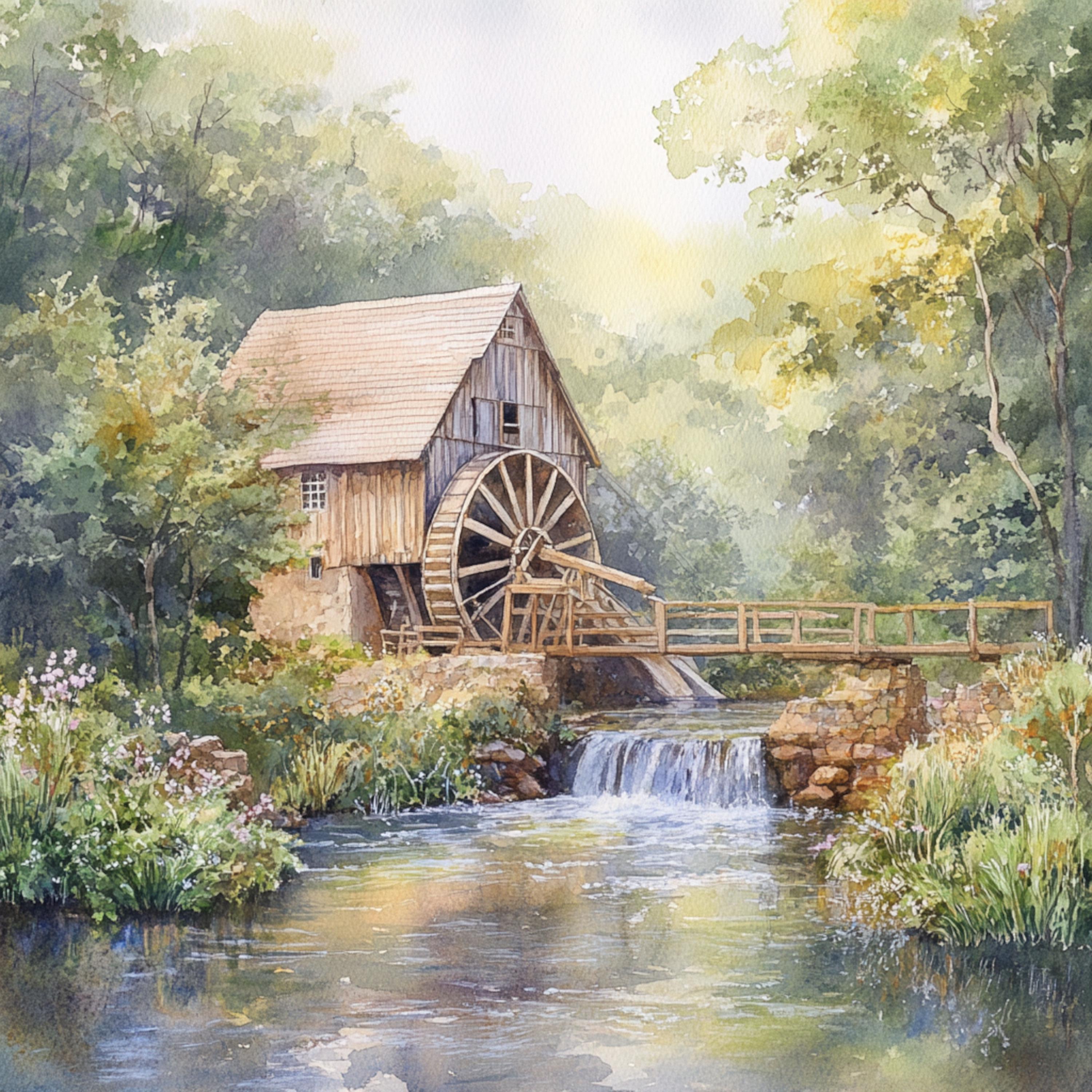 10 Printable Old Wooden Watermill, Watercolor Clipart, Watermill on ...