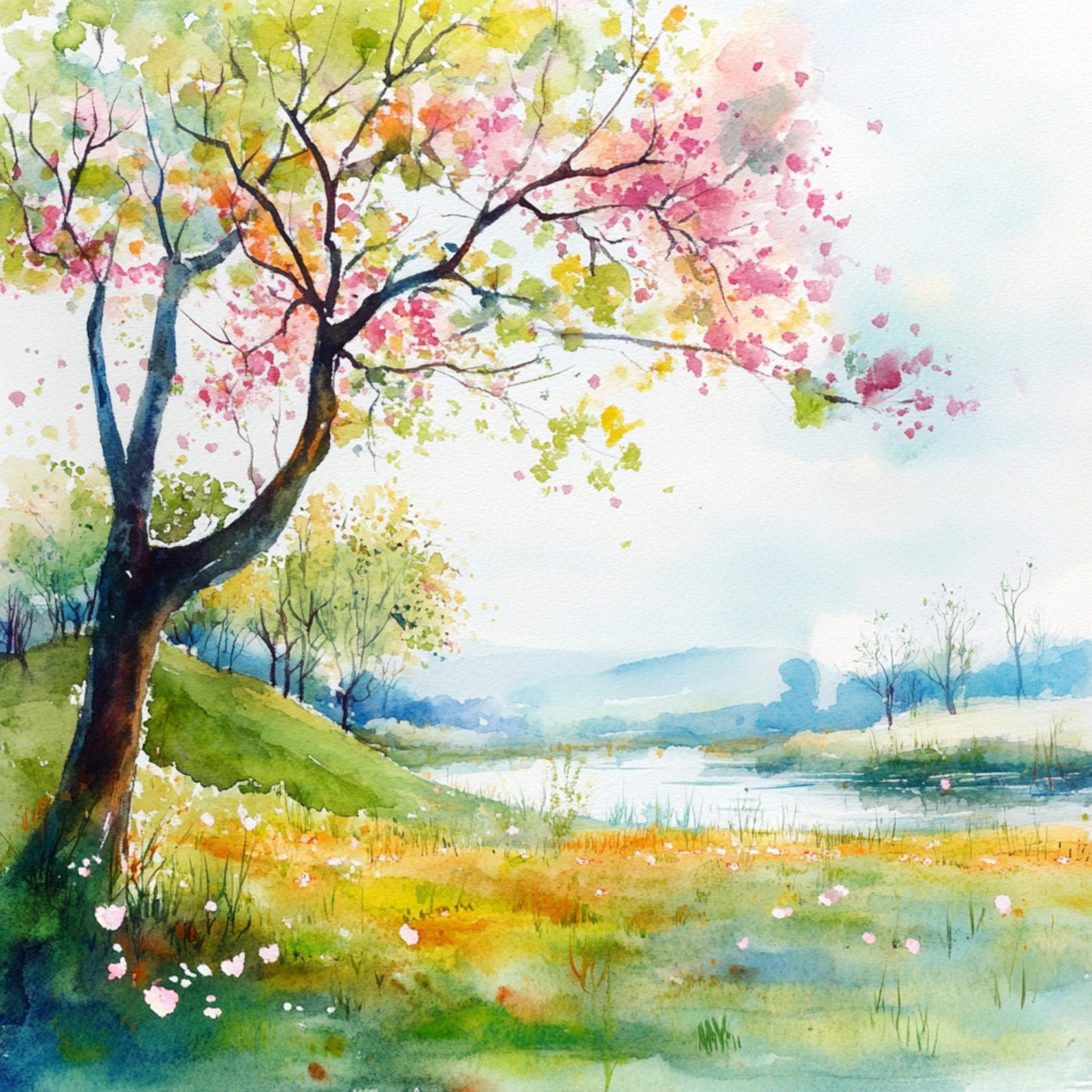 10 Printable Spring Landscape Art, Watercolor Landscape Art, River ...