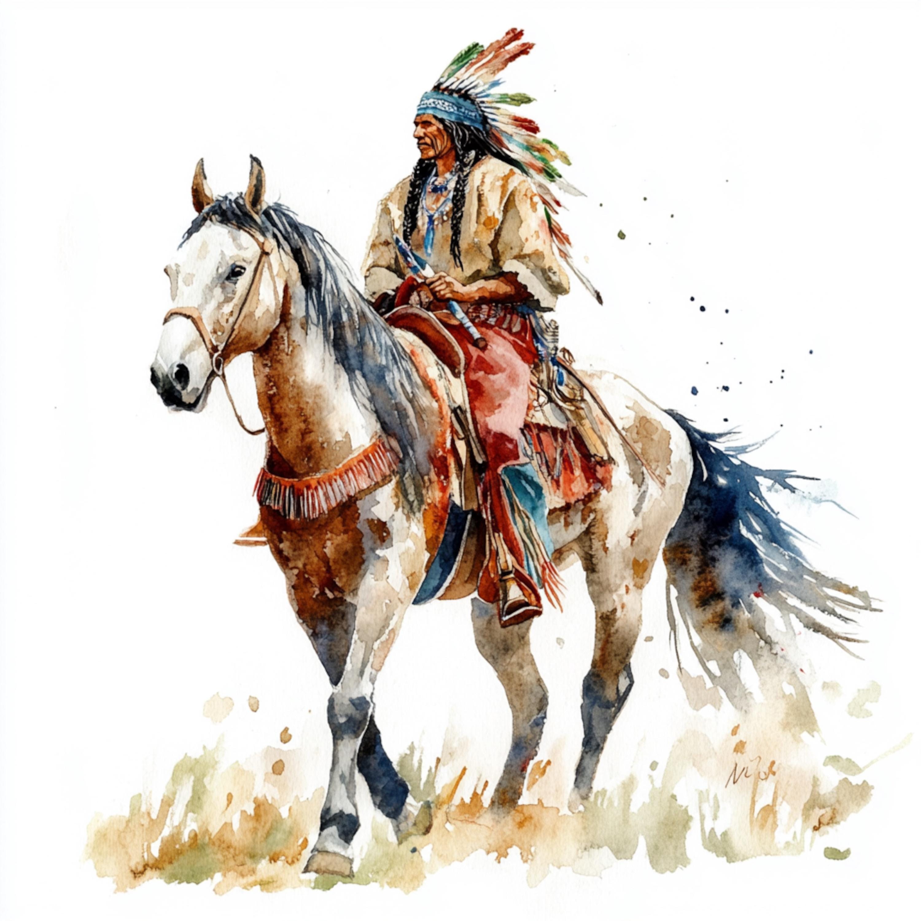 10 Printable Native Indian on Horse, Indian Horseman, Watercolor ...
