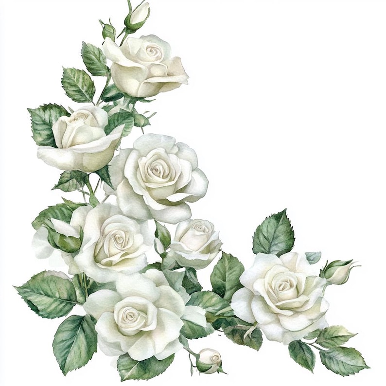 10 Printable Roses Corner, Watercolor White Roses, Rose Clip Art ...