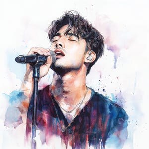 Watercolor Singing Asian Man, Young Singer, Asian Boy Art, Watercolor ...