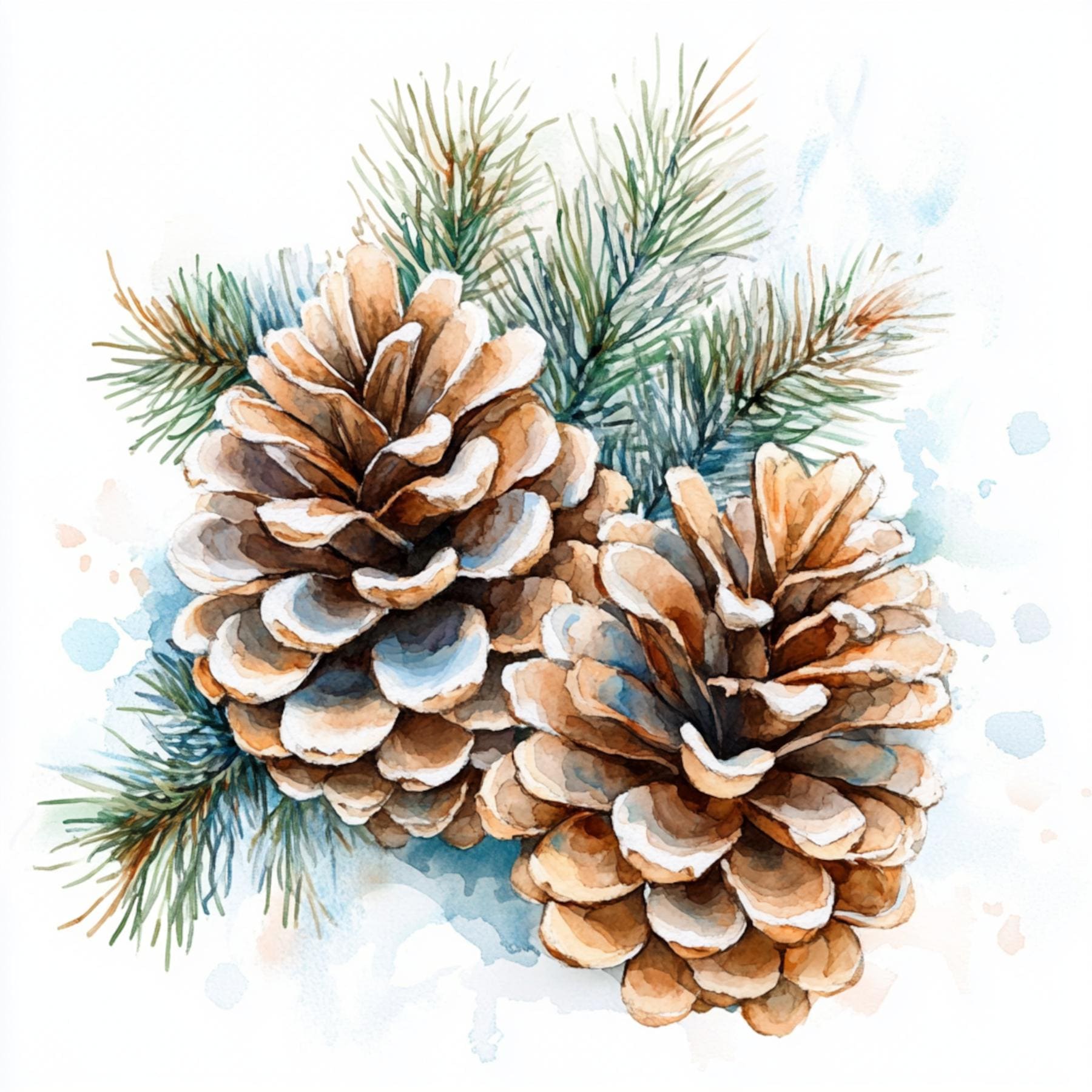 Snowy Pine Cone Art, Pine Cone Branch, Watercolor Style, 10 Clip Art ...