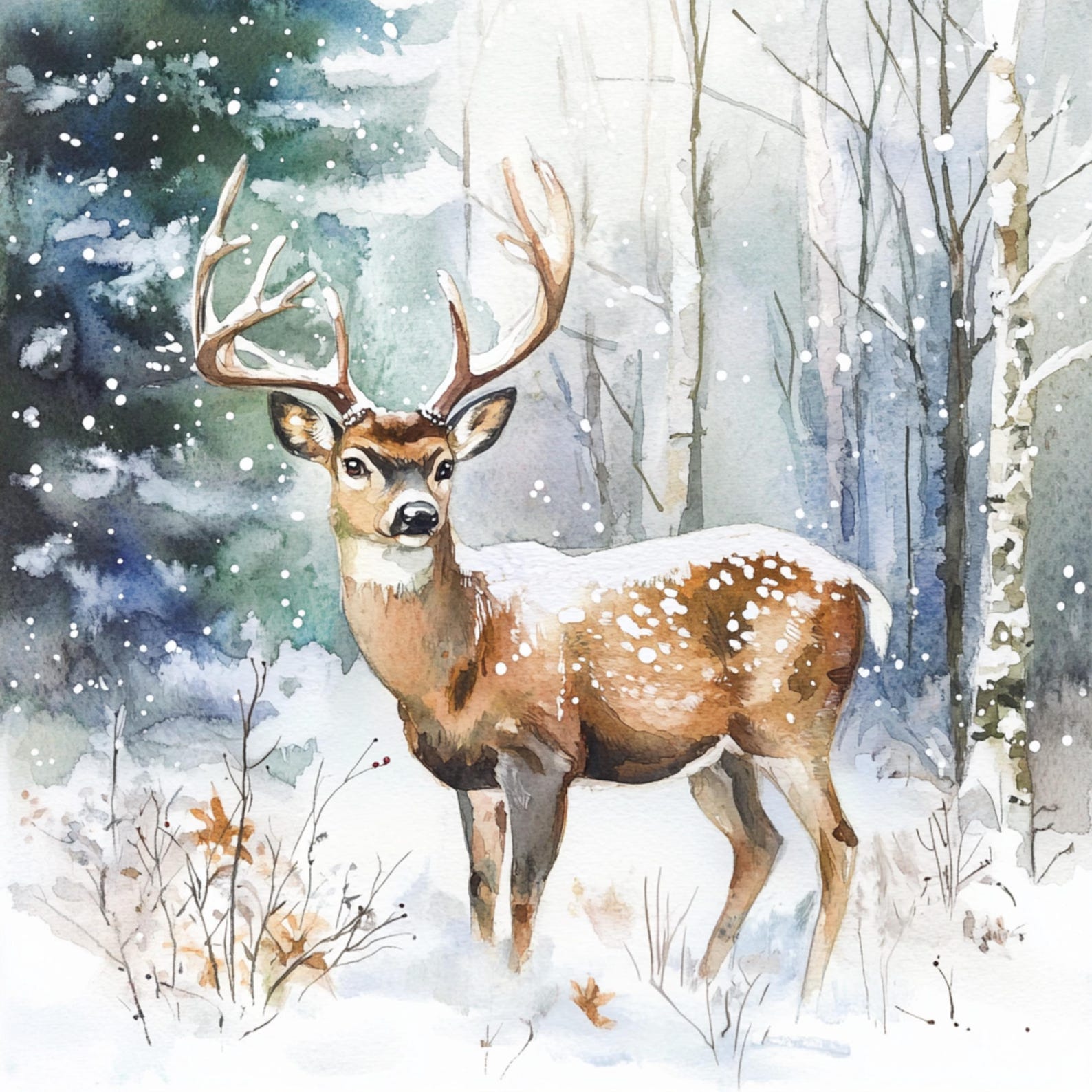 10 Deer Clipart, Deer in Winter Forest, Christmas Deer, Printable ...