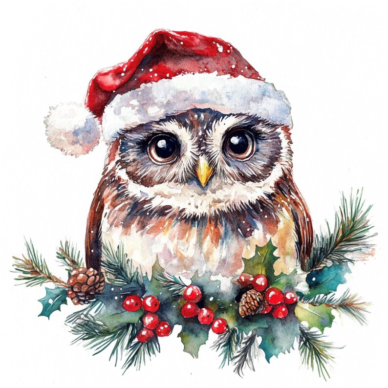 10 Printable Cute Owl Clipart, Watercolor Art, Santa Owl, Printable JPG ...