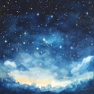 10 Printable Star Night Art, Watercolor Star Night Sky, Cartoon Star ...