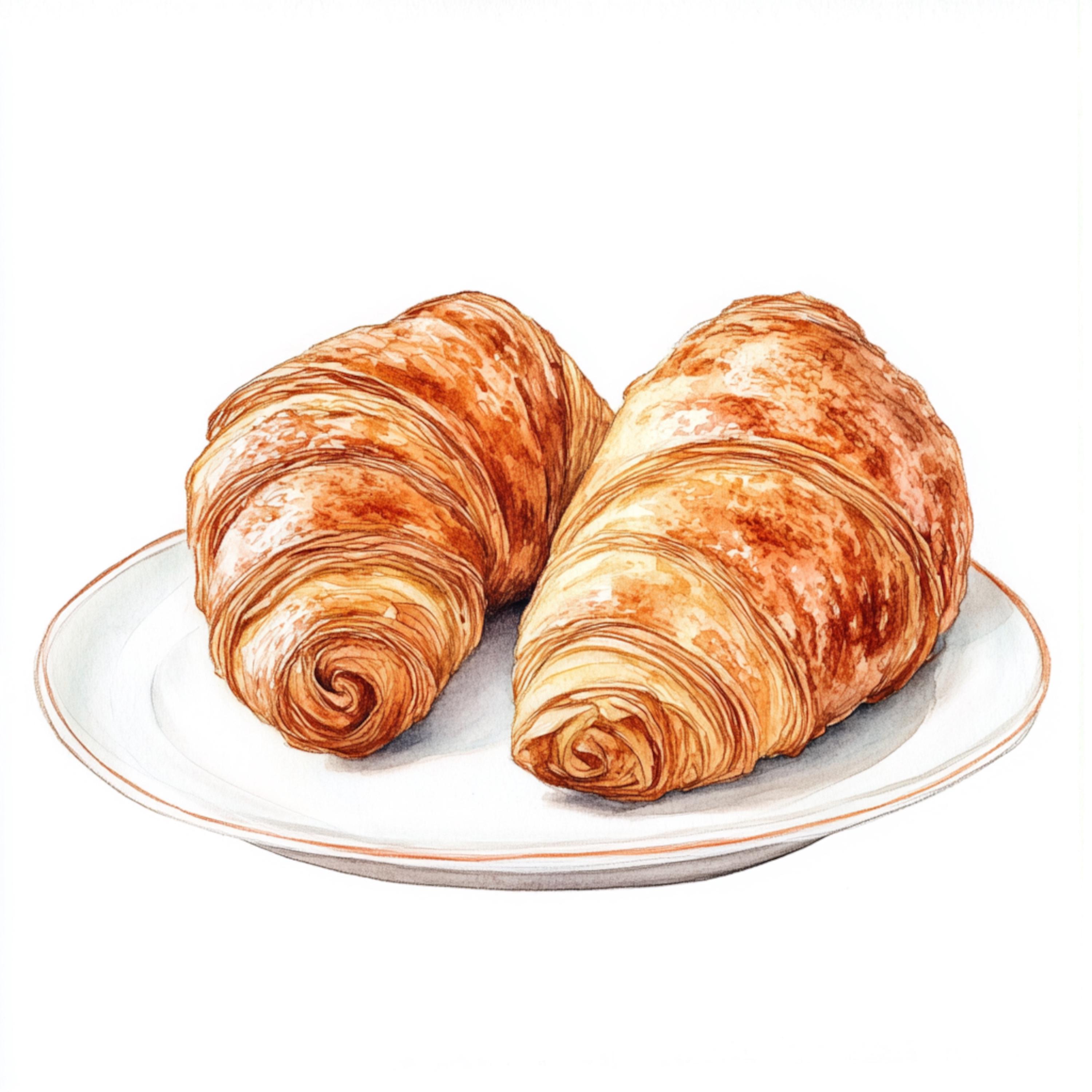 Printable Croissant Art, Watercolor Images, Croissants on Plate ...