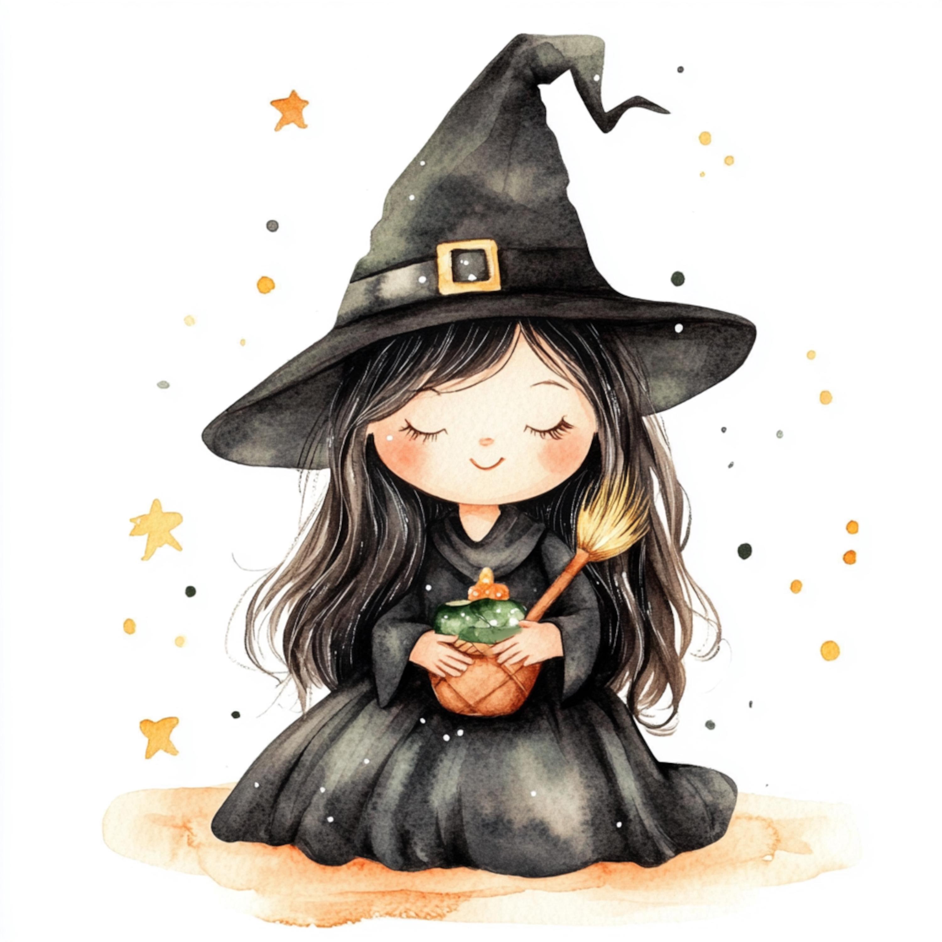 10 Printable Witch, Beautiful Little Witch, Halloween Witch, Watercolor ...