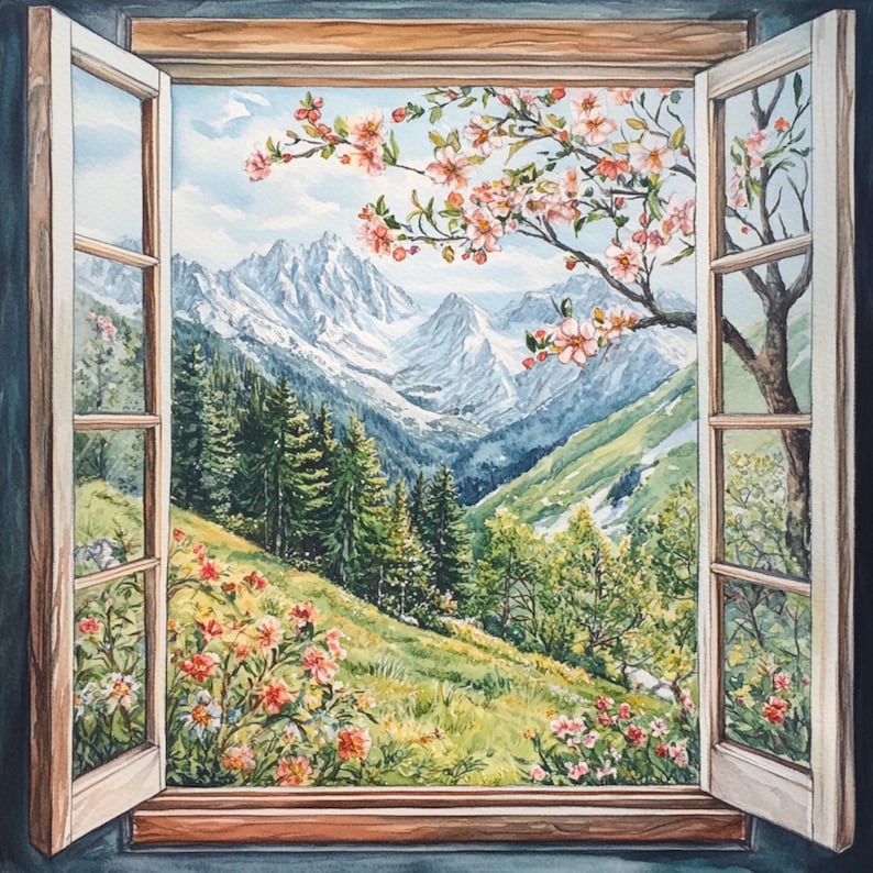 Printable Spring Mountain Window, Easter Decor, Watercolor Art, Floral ...