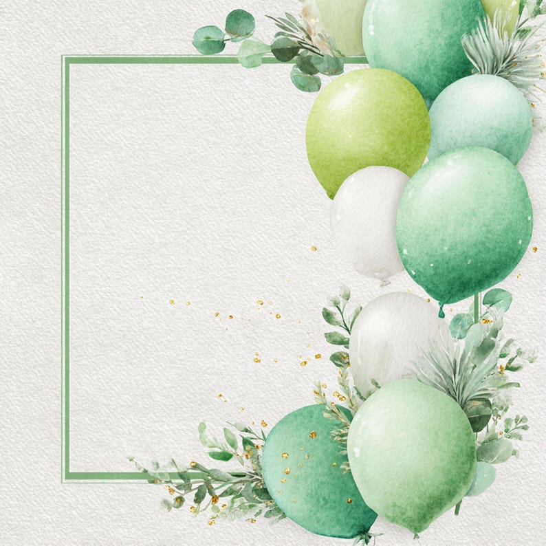 10 Printable Green White Balloons Frame, Watercolor Party Ballons ...